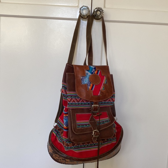 handmade in Peru | Bags | Peruvian Fabric And Leather Bottom Backpack ...